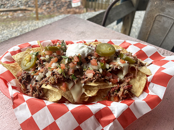 BBQ nachos: where Tex-Mex meets Georgia smoke in a beautiful cross-cultural romance. Those pickled jalape&ntilde;os cut through richness like witty banter.