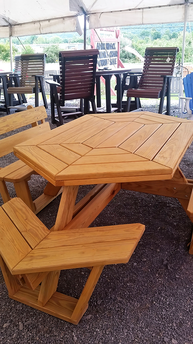 This isn't your average picnic table&mdash;it's geometric artistry in wood. The hexagonal design practically begs for a family gathering.