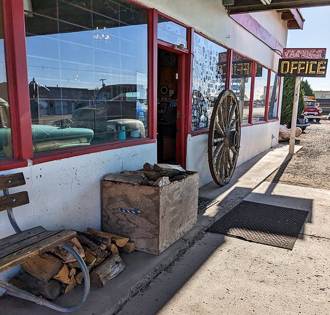 The office entrance welcomes you with wagon wheels and frontier charm that's authentically kitschy.