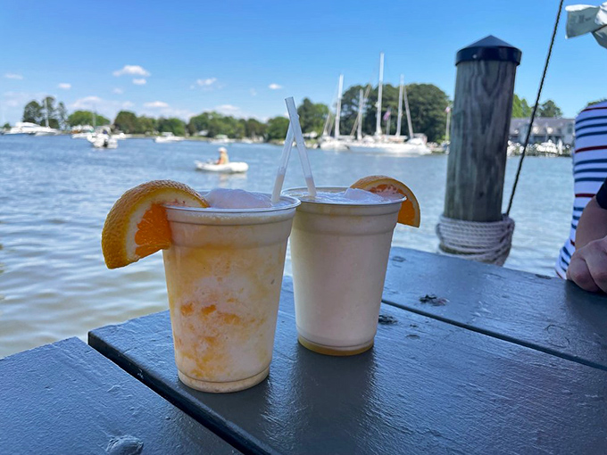 Frozen cocktails with orange slices perched on the rim&mdash;the perfect cooling companions while watching sailboats drift across the Miles River.