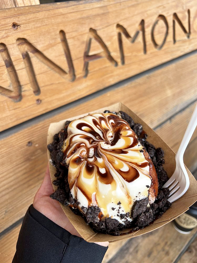 Cookie meets cinnamon roll in this cookies-and-cream masterpiece. The swirls of vanilla and chocolate with crumbled cookies create a dessert worth traveling for.