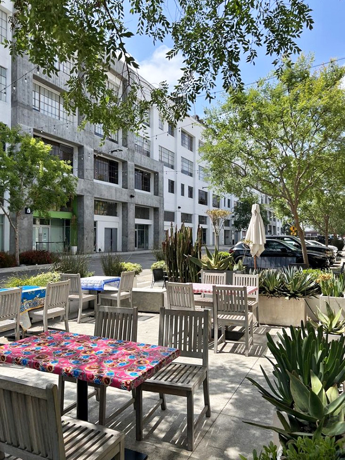 The outdoor seating area offers an urban oasis amid concrete and steel. Even the plants seem to be leaning in for a better view of the pizzas.