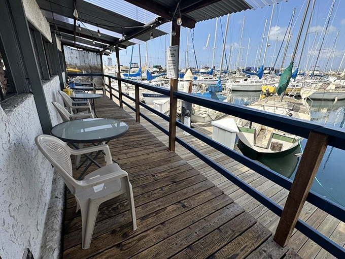 The outdoor deck offers front-row seats to marina life&mdash;where boats gently bob and seafood tastes even better with a breeze.