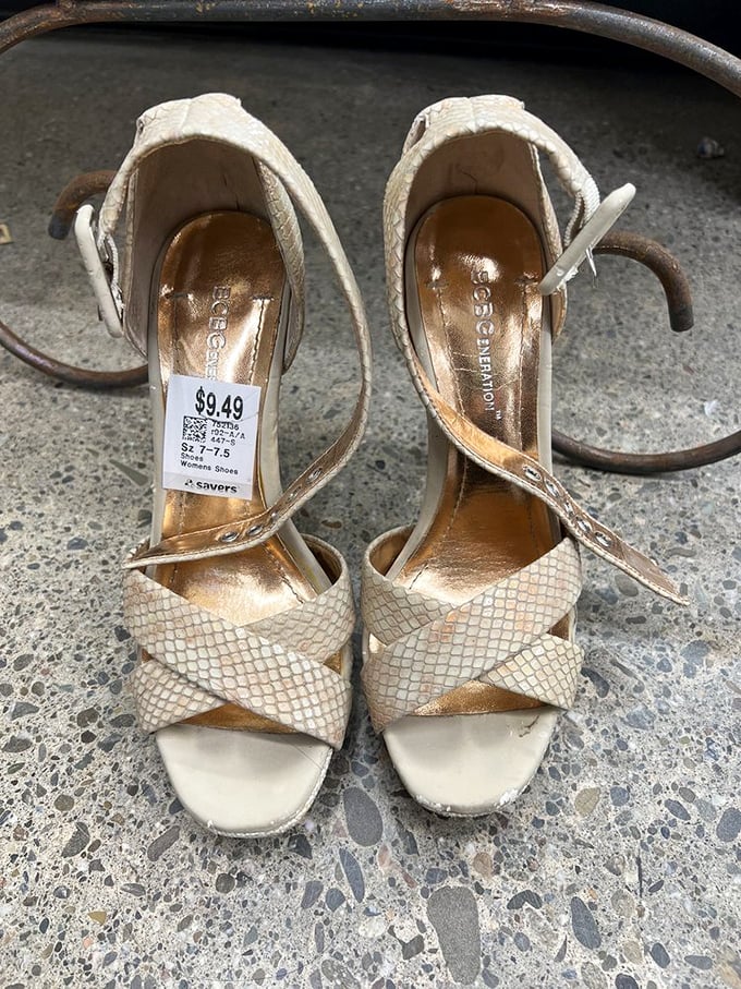 Snake-patterned sandals with a story to tell. At $9.49, these dance shoes await their next night out with someone who appreciates second chances.