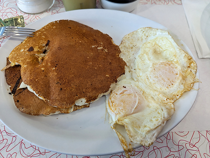 Pancakes the size of frisbees share the plate with eggs sunny enough to brighten even the cloudiest Pennsylvania morning.
