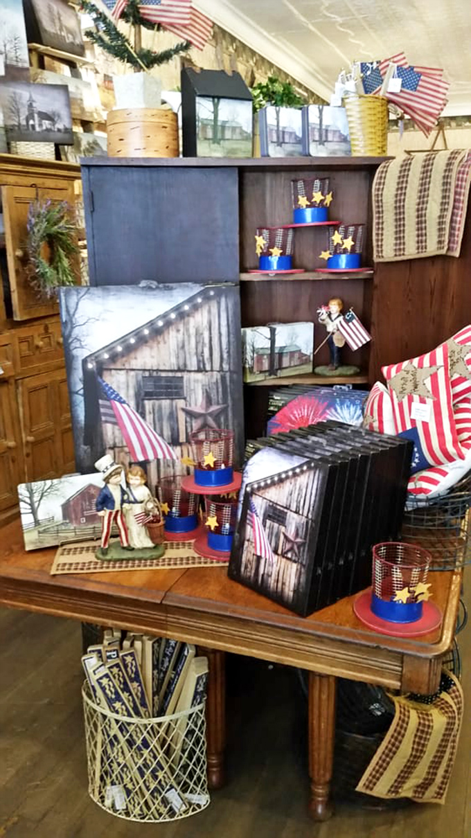 Americana at its finest! This patriotic corner celebrates small-town values with barn photos and flags that never go out of style.