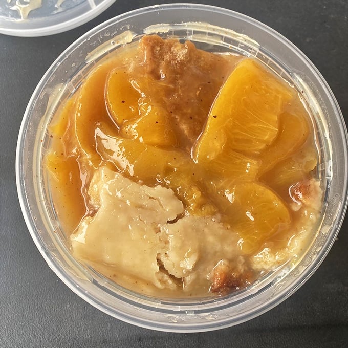 Georgia peach cobbler that makes you wonder if this is what the gods eat when no one's looking. Sweet, tangy perfection.