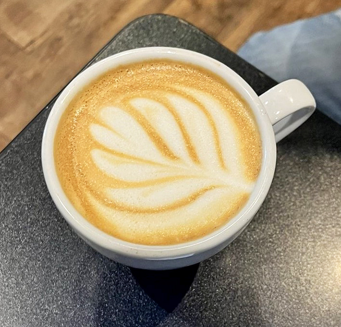 Latte art so pretty you almost don't want to drink it. Almost. The delicate leaf pattern suggests baristas who take their craft as seriously as their morning caffeine.