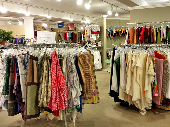 A textile rainbow of possibilities hangs in perfect order &ndash; proof that second-hand shopping doesn't mean sacrificing organization or selection.