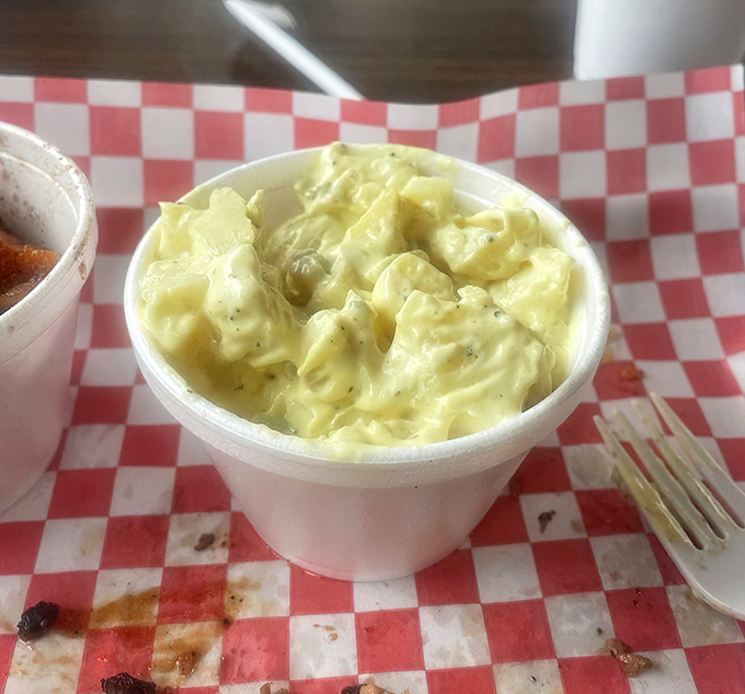 Creamy potato salad that doesn't hide behind fancy add-ins—just honest-to-goodness comfort in a cup on a classic red-checkered backdrop.