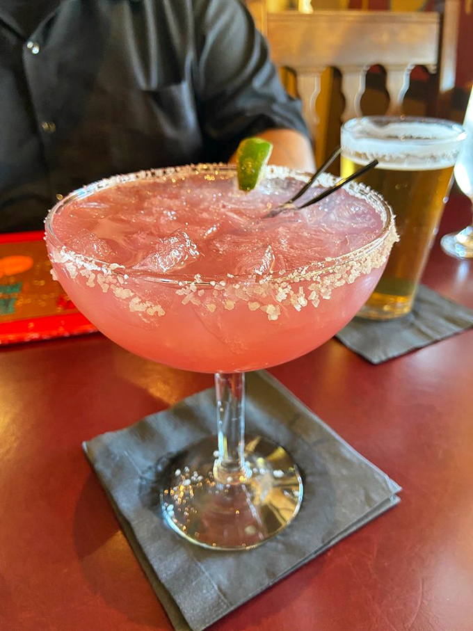 A prickly pear margarita with a salt rim that sparkles like Arizona sunshine. Desert fruit never had it so good.