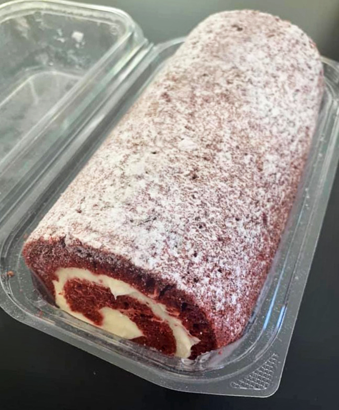 Red velvet roll cake dusted with powdered sugar&mdash;the kind of dessert that makes you wonder why you ever waste calories on vegetables.