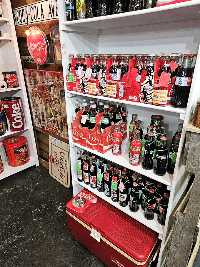 The Coca-Cola corner could single-handedly hydrate a collector's thirst for vintage advertising. Those bottles haven't held soda for decades, but they're still selling happiness.