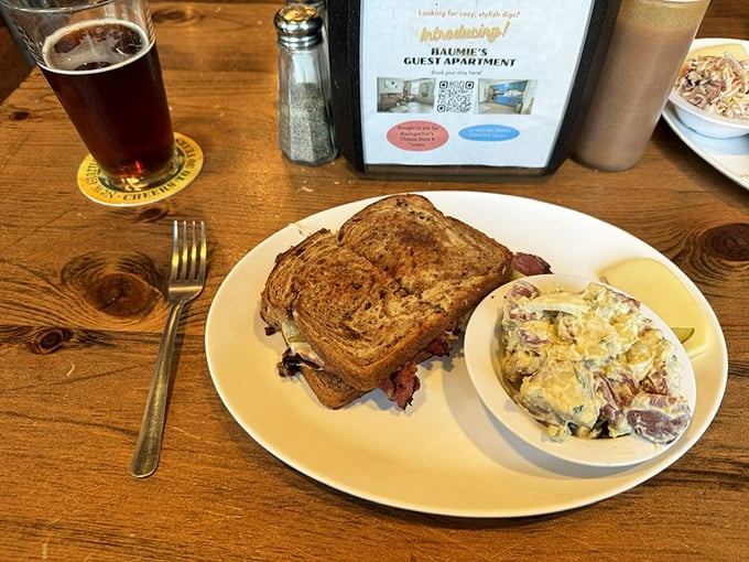 A sandwich that means business: hearty meat on toasted rye with potato salad that could make your grandmother jealous.