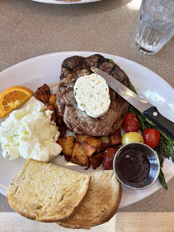 When breakfast goes bold &ndash; a perfectly cooked ribeye with all the fixings. Who says steak is just for dinner?