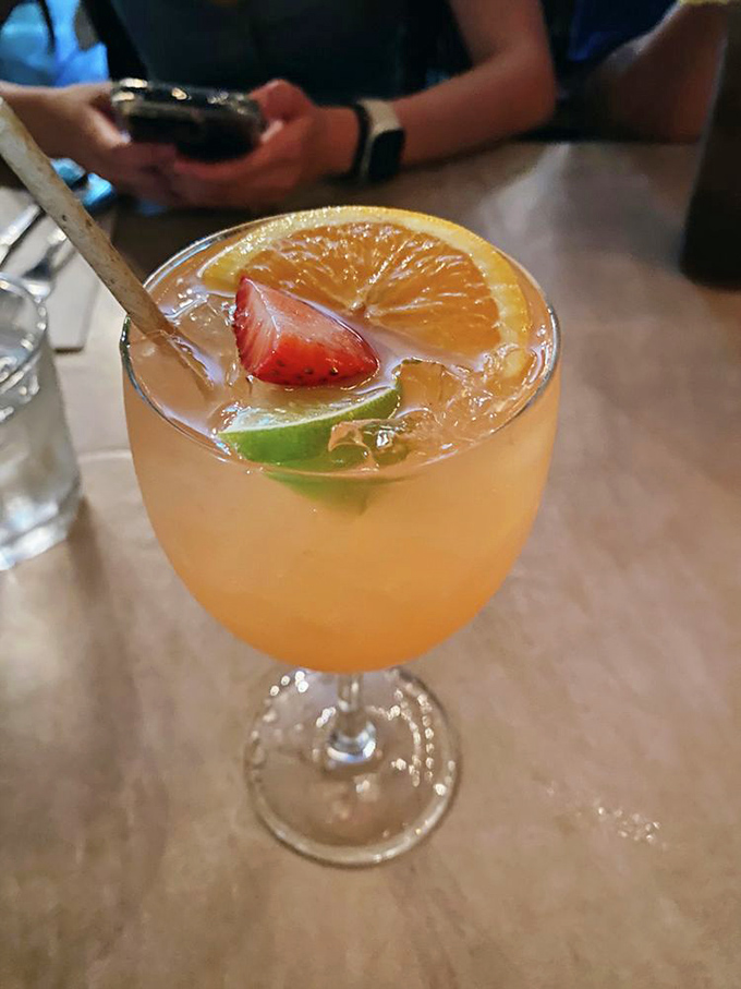 This sangria sparkles with fresh fruit and promises, like summer vacation captured in a beautiful glass.