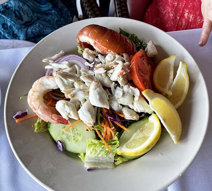 Seafood salad that makes eating greens feel like a reward rather than a responsibility. Those jumbo shrimp aren't just for decoration.