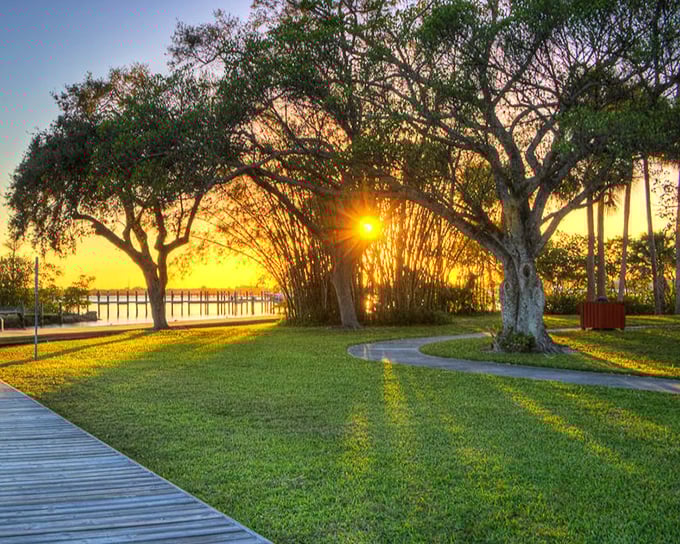 Golden hour at the park &ndash; when Stuart's sunset casts an amber glow through oak trees, creating the perfect backdrop for evening strolls.