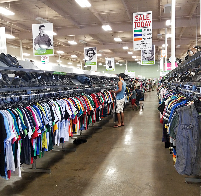 A kaleidoscope of colors and patterns where Hawaiian shirts and corporate polos find common ground in their quest for a second life.