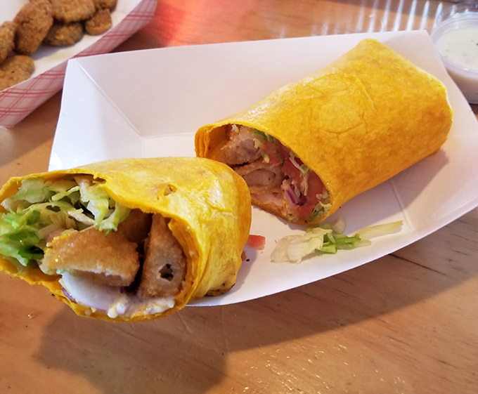 This wrap isn't messing around&mdash;crispy shrimp, fresh veggies, and a bright yellow tortilla that's basically sunshine you can eat.