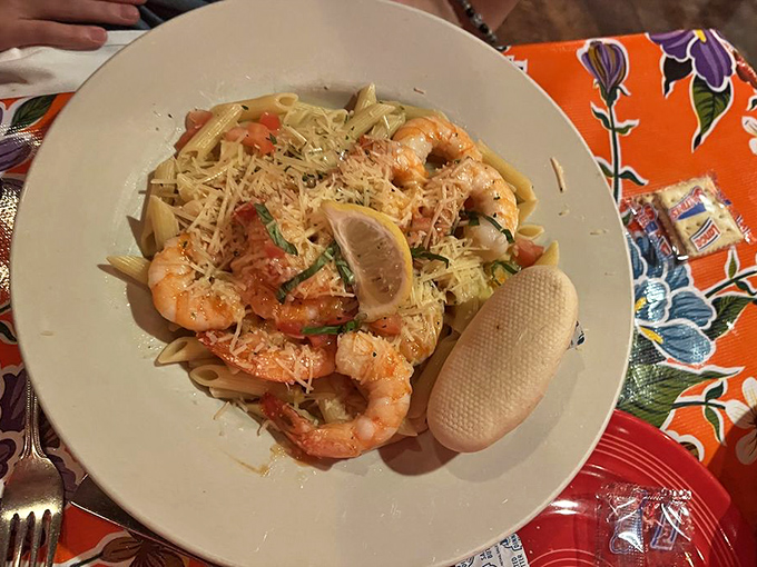 Shrimp and pasta &ndash; the Fred and Ginger of comfort food &ndash; dance together on this plate with tomatoes playing the perfect supporting role.