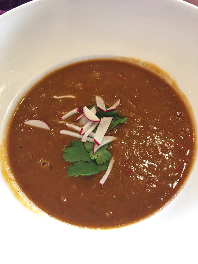 A soup that captures autumn in liquid form. Those radish garnishes add the perfect peppery crunch to this soul-warming elixir.