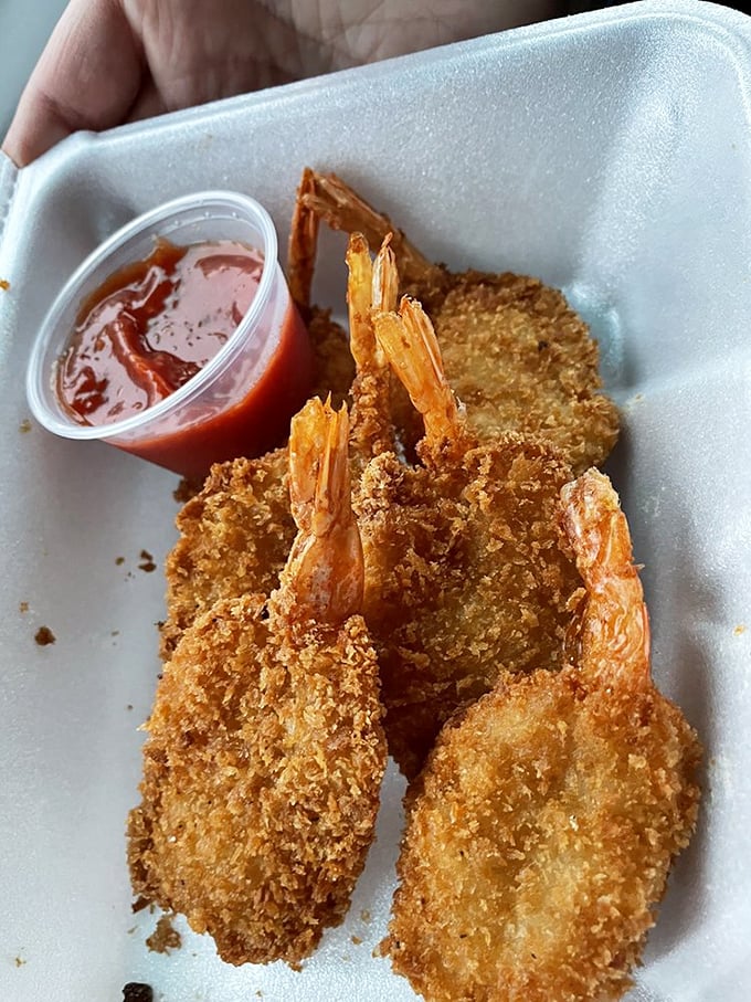 Breaded shrimp that would make coastal seafood shacks jealous, served with cocktail sauce that strikes the perfect balance between tangy and sweet.