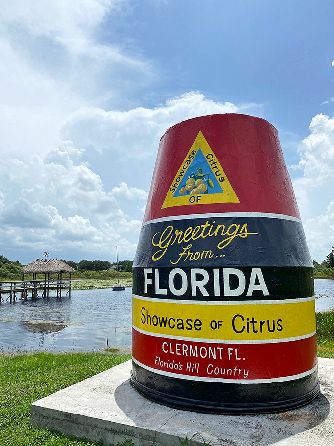 This colorful roadside marker celebrates Clermont's citrus heritage with vintage Florida charm. The Sunshine State's answer to the "Welcome to Las Vegas" sign.