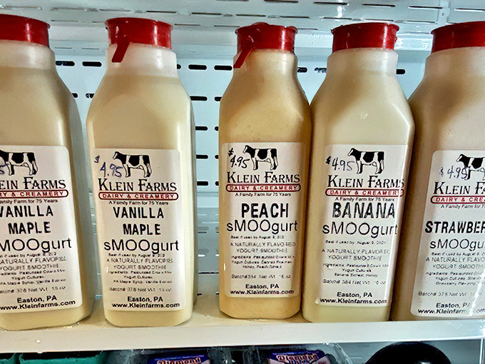 Klein Farms dairy products line up like beauty contestants. The "sMOOgurt" flavors sound like they were named by someone who was genuinely happy.