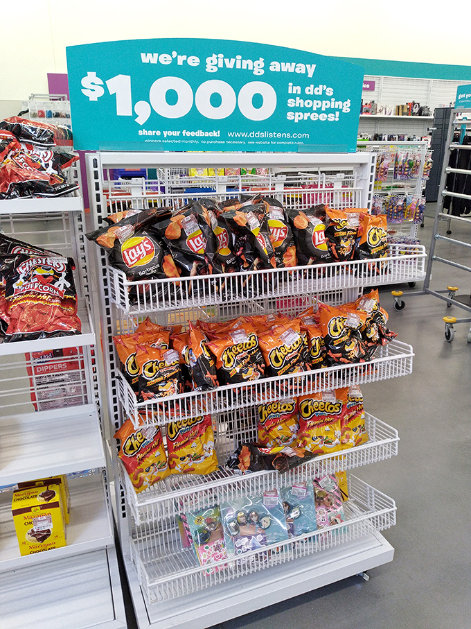 Snack attack central with a $1,000 shopping spree promotion. Cheetos and Lay's displayed like the culinary treasures they truly are.