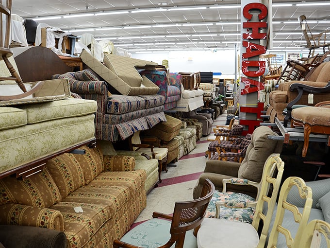 The furniture section resembles a living room family reunion, with couches from every decade mingling in upholstered harmony.