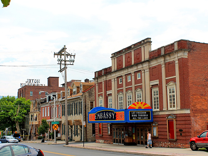 The Embassy Theatre's vintage marquee lights up South Main Street, a nostalgic reminder of when date night meant actually leaving the house.