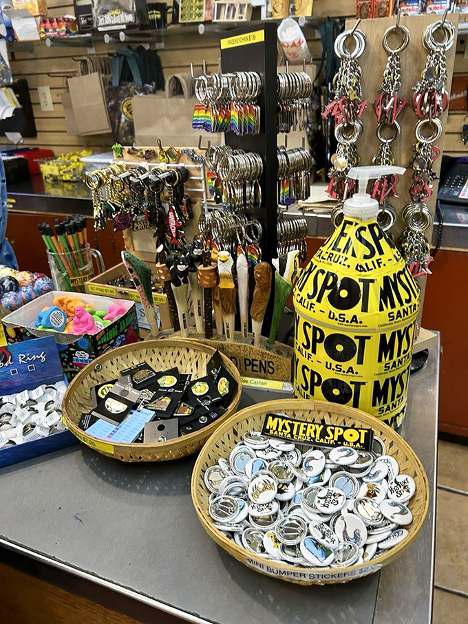 Souvenir heaven for the perpetually puzzled – baskets brimming with bumper stickers and keychains that say "I survived the gravitational anomaly!"