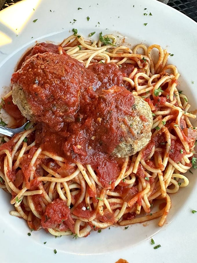 The spaghetti and meatball that ate Manhattan. This plate demonstrates why sometimes bigger really is better, especially when it comes to meatballs.