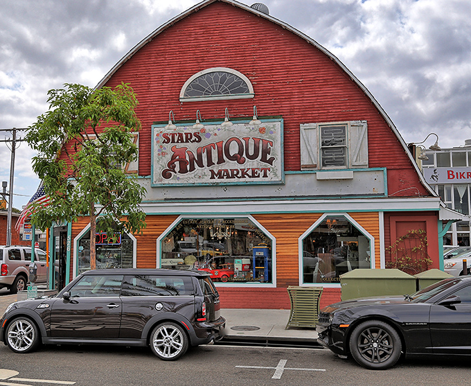Stars Antique Market's barn-red exterior houses treasures that whisper tales of California's past, each with more character than a Coen brothers film.