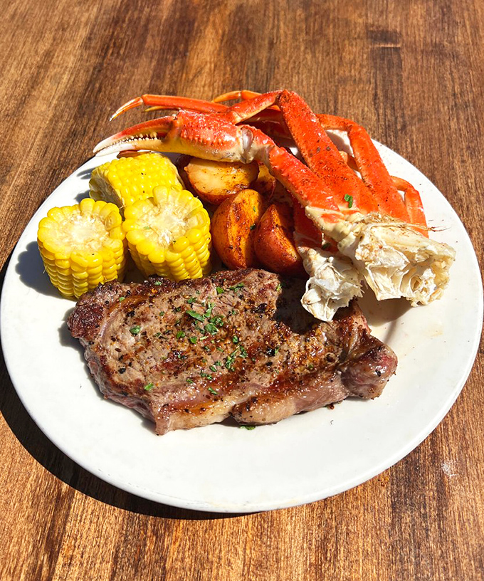 The perfect surf and turf doesn't exi&mdash; Oh wait, here it is: juicy steak, sweet crab legs, and corn that tastes like summer sunshine.