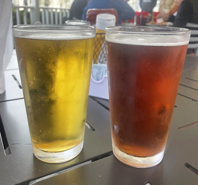 Cold beer: nature's perfect companion to a great burger, showcasing both golden and amber varieties for your sipping pleasure.