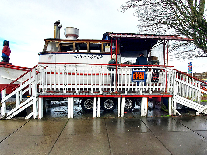 All aboard the S.S. Delicious! Bowpicker's white and red exterior with its welcoming staircase invites hungry sailors from all walks of life.