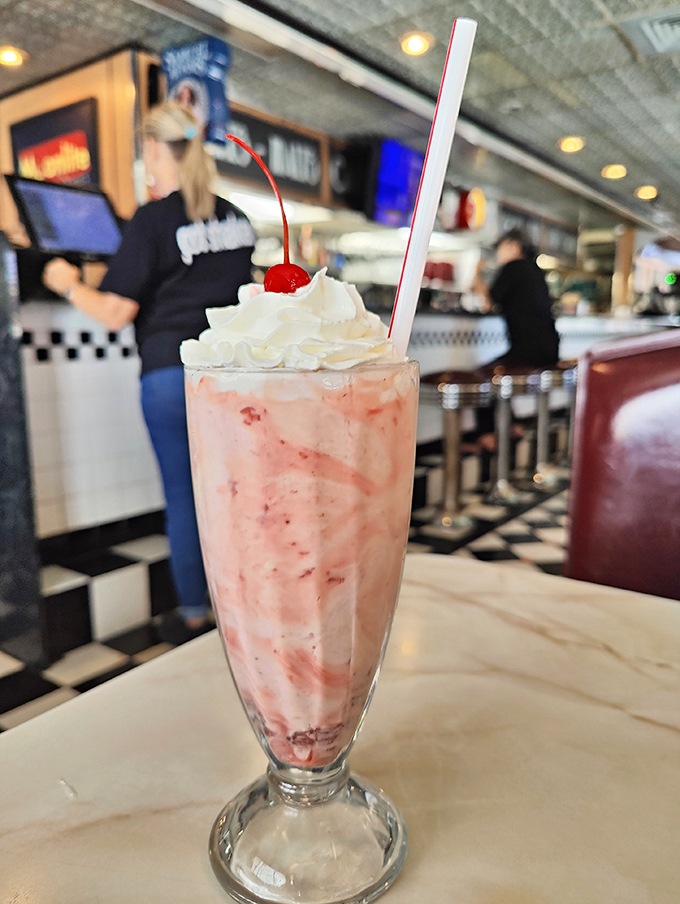 The strawberry milkshake arrives like a pink cloud topped with whipped cream and a cherry&mdash;Instagram was invented for moments like this.