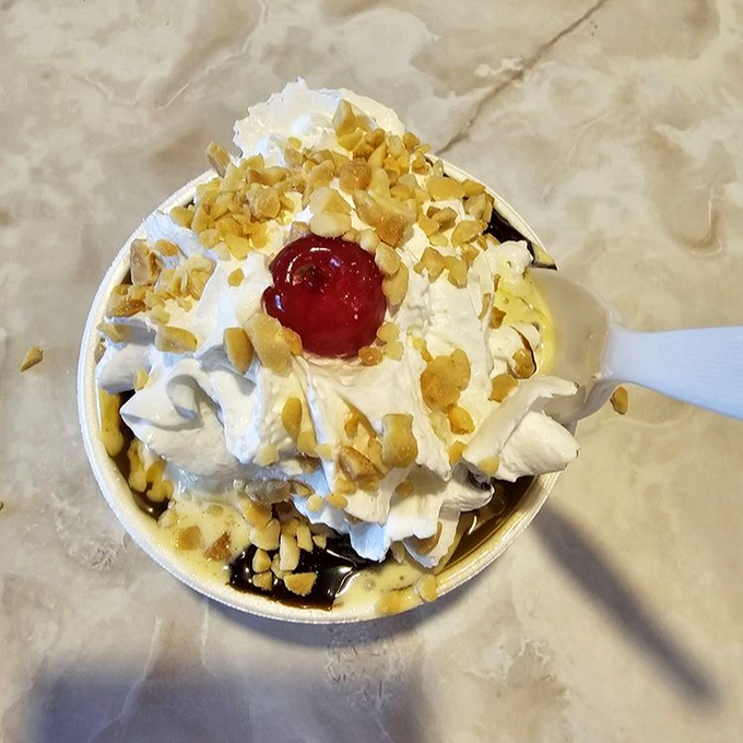 Hot fudge cascading over vanilla ice cream with the casual confidence of a chocolate waterfall that knows exactly how good it looks.