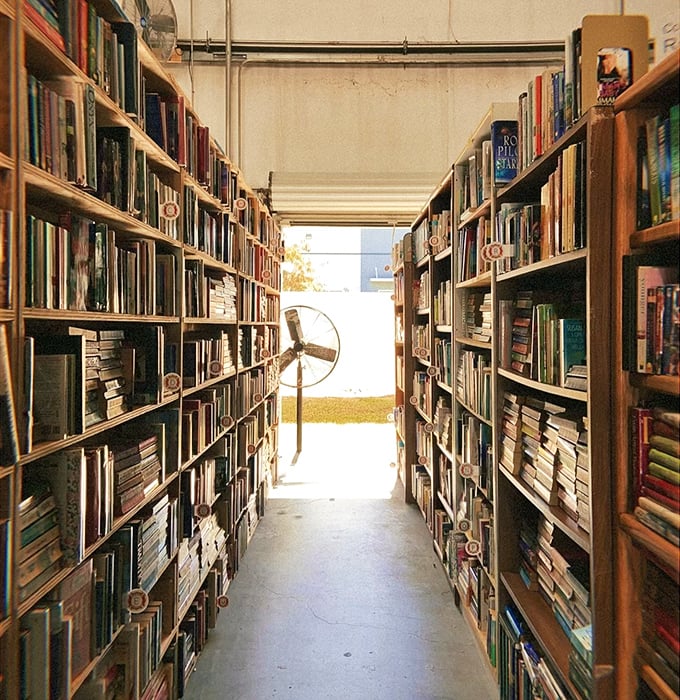 Sunlight streams through these literary canyons, illuminating spines that hold countless adventures waiting to be discovered.