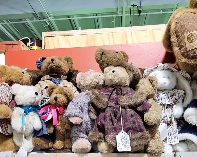 A parliament of teddy bears having what looks like the world's most adorable board meeting on vintage childhood memories.