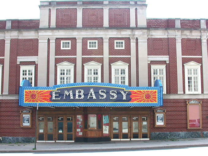 The Embassy Theatre's vintage marquee promises entertainment the old-fashioned way&mdash;no streaming subscriptions required, just genuine community gathering.