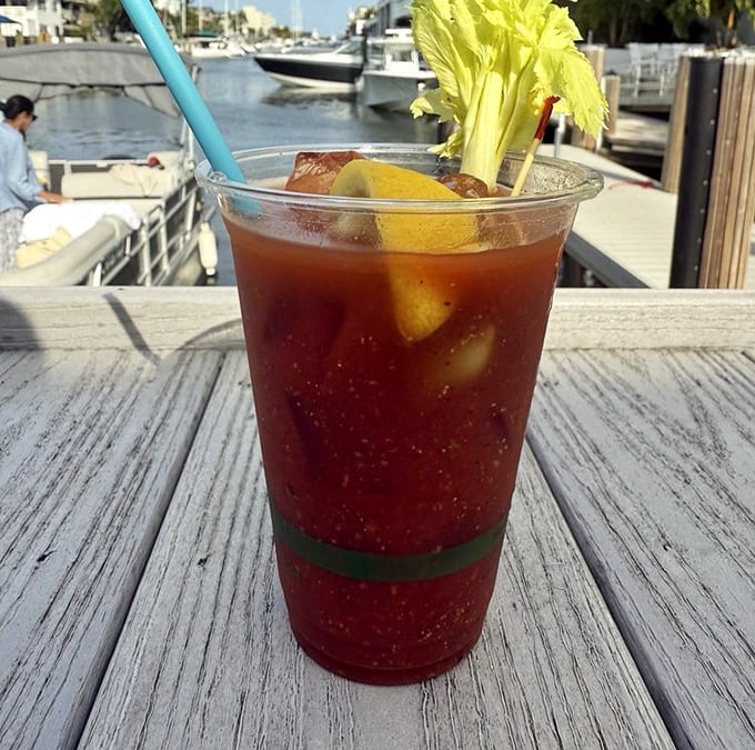 A Bloody Mary with a view&mdash;spicy, strong, and garnished with celery that actually serves a purpose. Breakfast of champions, Florida-style.