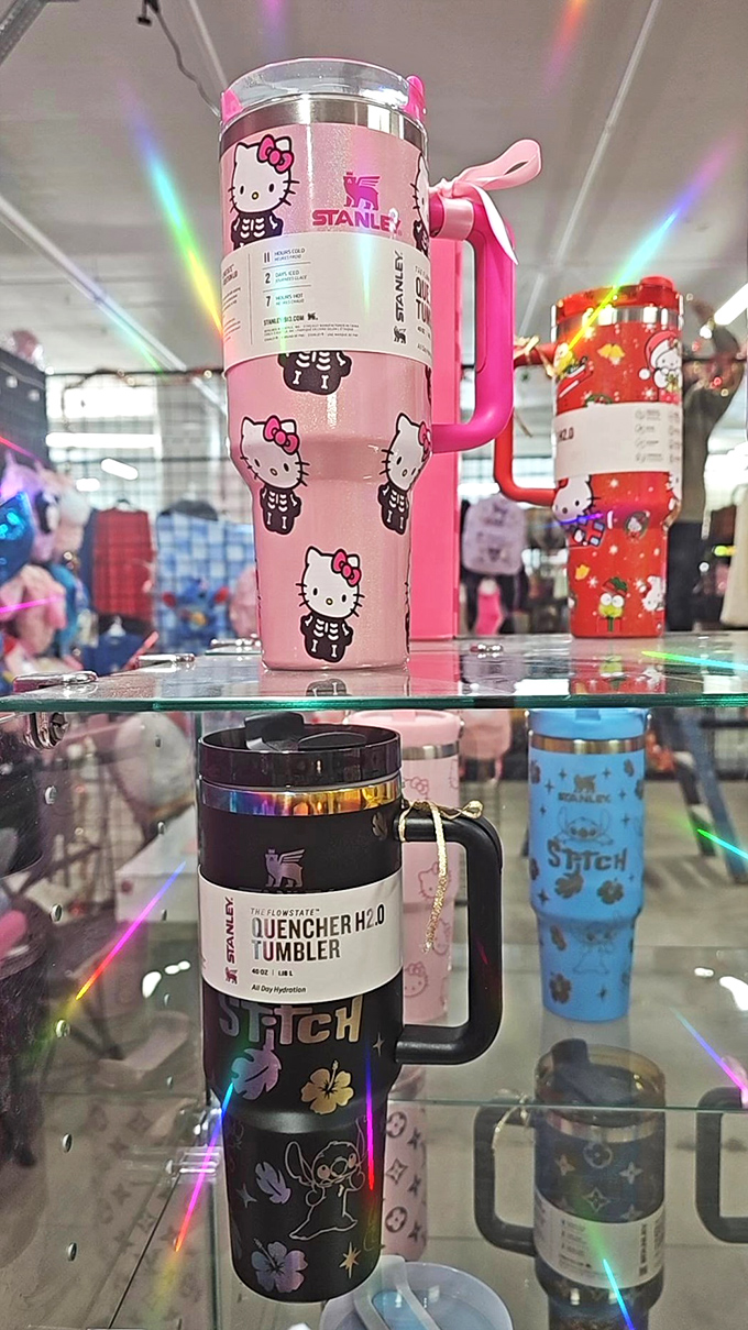 Stanley meets Sanrio in this display of trendy tumblers. Who knew hydration could be such a fashion statement?