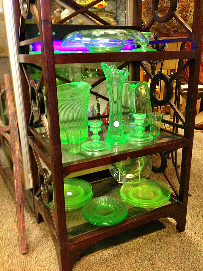 Uranium glass glows with otherworldly green brilliance. These Depression-era pieces offer radioactive charm that's perfectly safe but impossibly captivating. 