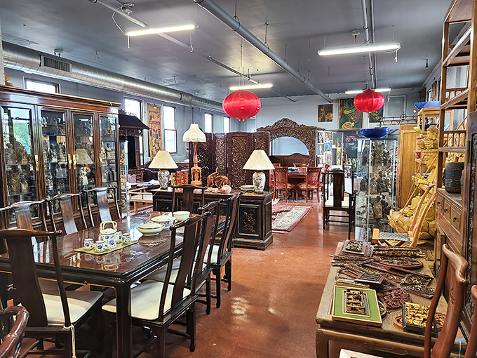 Asian-inspired furniture creates an elegant oasis amid industrial surroundings, proving that beautiful design transcends both time and cultural boundaries.