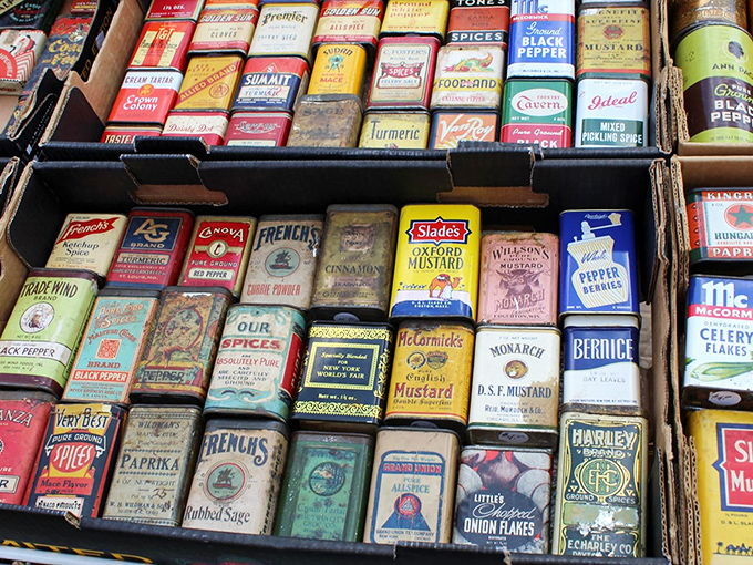 Vintage spice tins showcase packaging design from a bygone era. Before minimalist aesthetics took over, these colorful containers brought joy to pantry shelves across America.