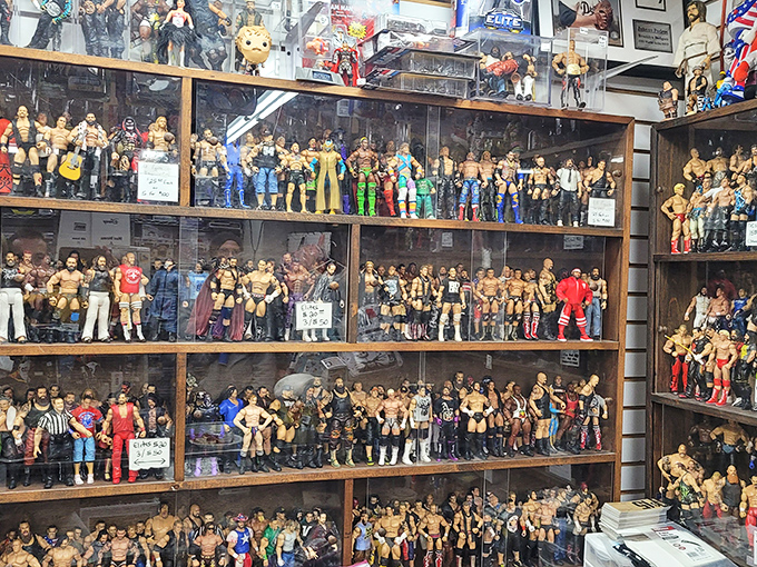 Wrestling figurine nirvana! Hundreds of tiny muscled heroes frozen mid-drama, waiting for someone to continue their plastic storylines.