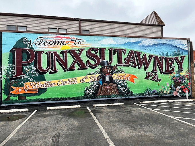 The town's vibrant welcome mural features their famous forecaster Phil, who enjoys celebrity status without the attitude or entourage of Hollywood stars.